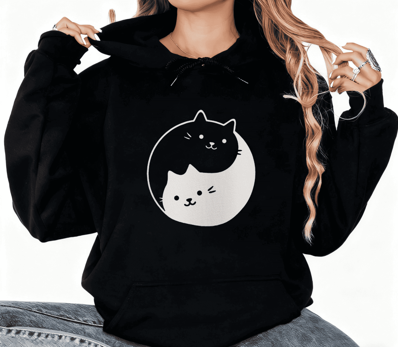Black Print Hoodie Graphic Sweatshirt Yin Yang Cats Circular Design ...