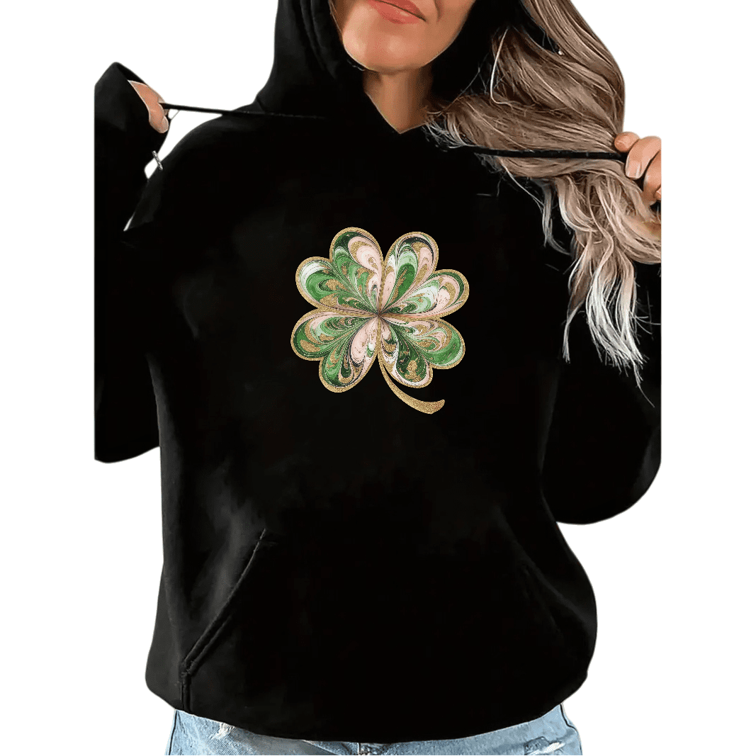 Black Print Hoodie Sweatshirt Pink Green Gold Swirl Shamrock Graphic ...