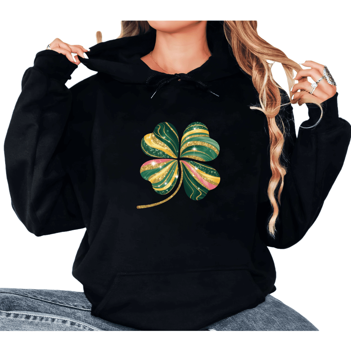Black Print Hoodie Sweatshirt Striped Glitter Shamrock Graphic ...