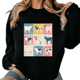 Black Print Sweatshirt Graphic Collage Cow Design Retro Farm Theme ...