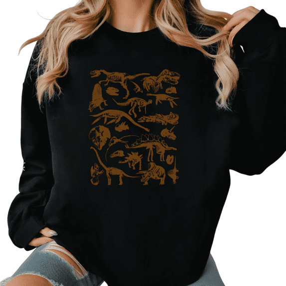 Black Print Sweatshirt Graphic Dinosaur Skeleton Collage Design ...