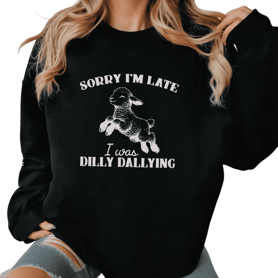 Black Print Sweatshirt Graphic Lamb "Sorry I'm Late" Slogan Theme ...