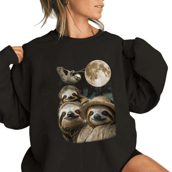 Black Print Sweatshirt Graphic Sloth Moonlit Design Tropical Wildlife ...