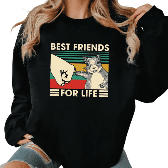Black Print Sweatshirt Graphic Squirrel "Best Friends For Life" Theme ...
