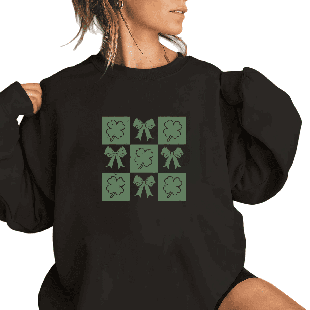 Black Print Sweatshirt Graphic Sweatshirt Checkerboard Shamrock Bow ...