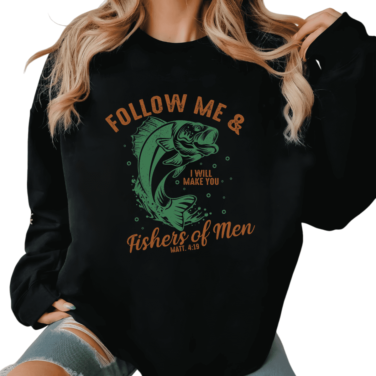 Black Print Sweatshirt Graphic Sweatshirt Cotton Fish Quote Outdoor ...