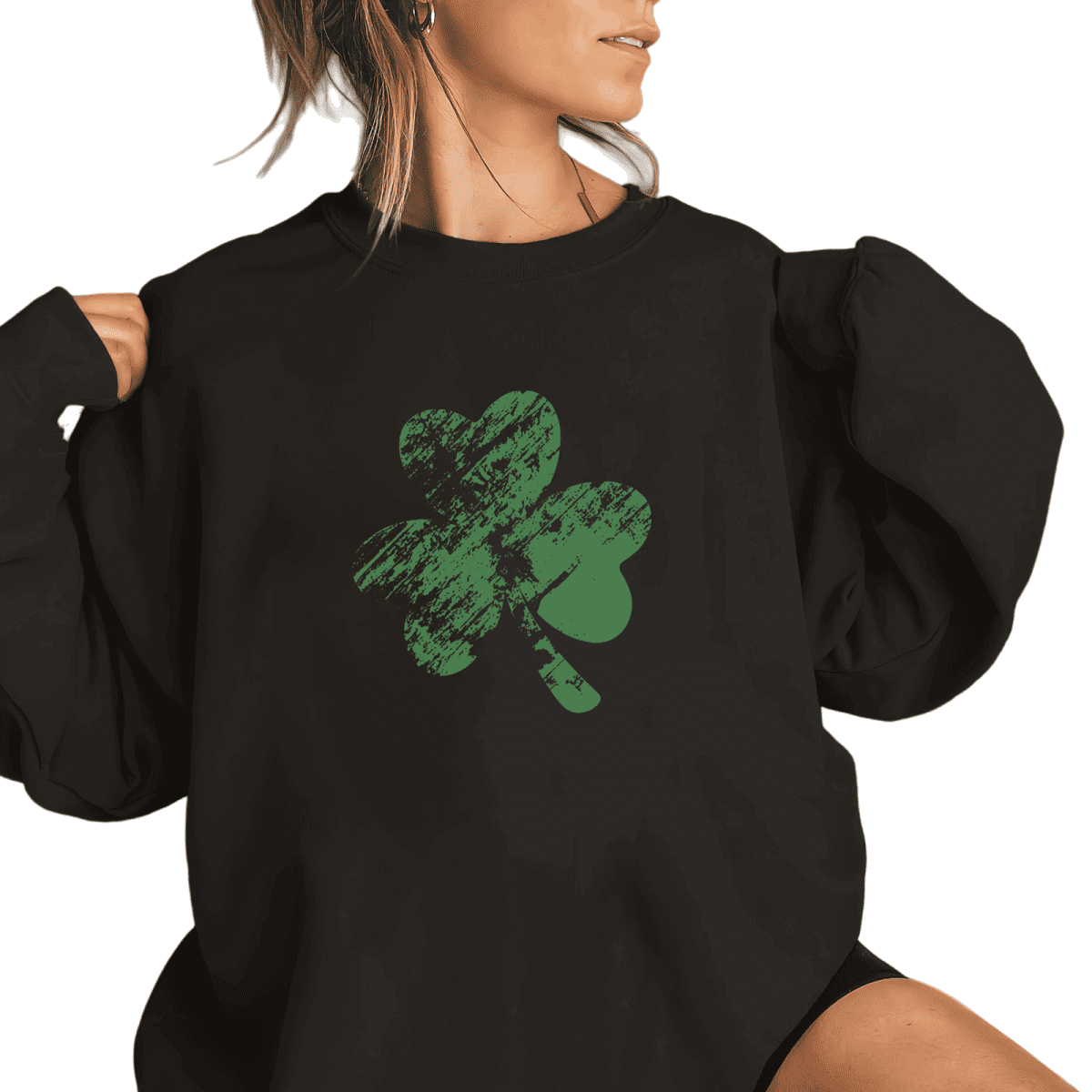Black Print Sweatshirt Graphic Sweatshirt Distressed Green Shamrock ...