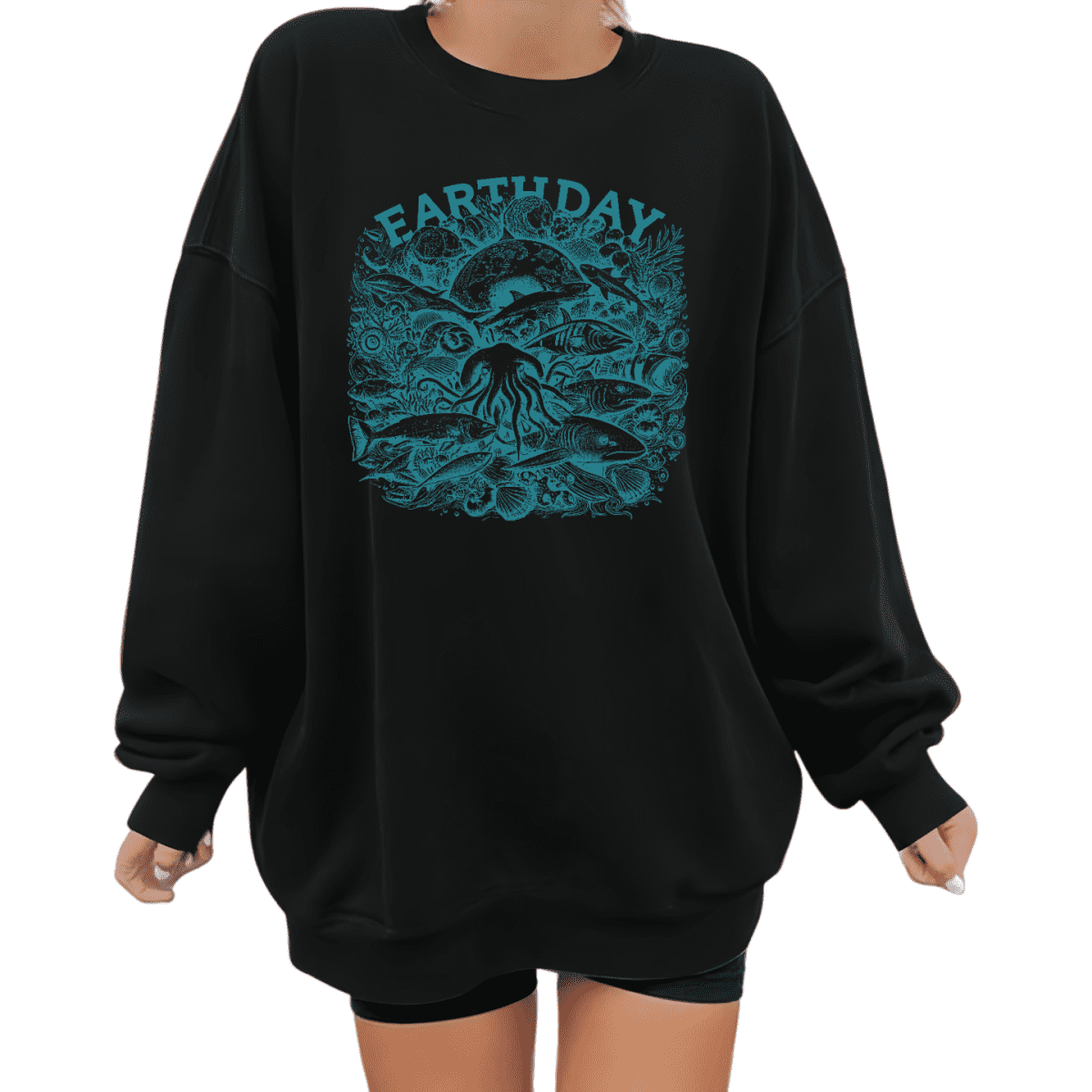 Black Print Sweatshirt Graphic Sweatshirt Earth Day Marine Life Collage ...