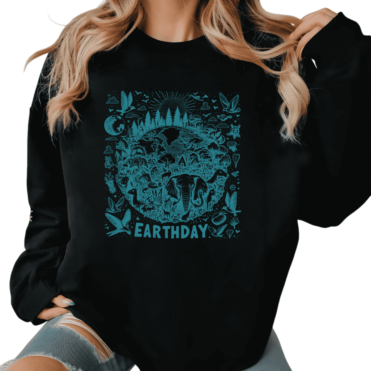 Black Print Sweatshirt Graphic Sweatshirt Earth Day Wildlife Collage ...
