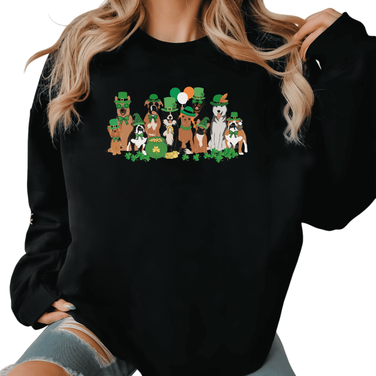 Black Print Sweatshirt Graphic Sweatshirt Festive Celebration Puppy ...