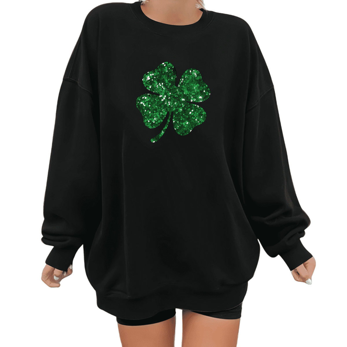 Black Print Sweatshirt Graphic Sweatshirt Green Glitter Shamrock Design ...