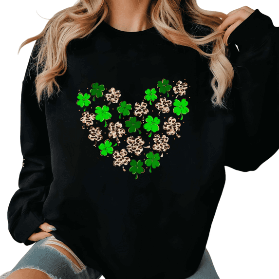 Black Print Sweatshirt Graphic Sweatshirt Heart Shape Shamrock Design ...