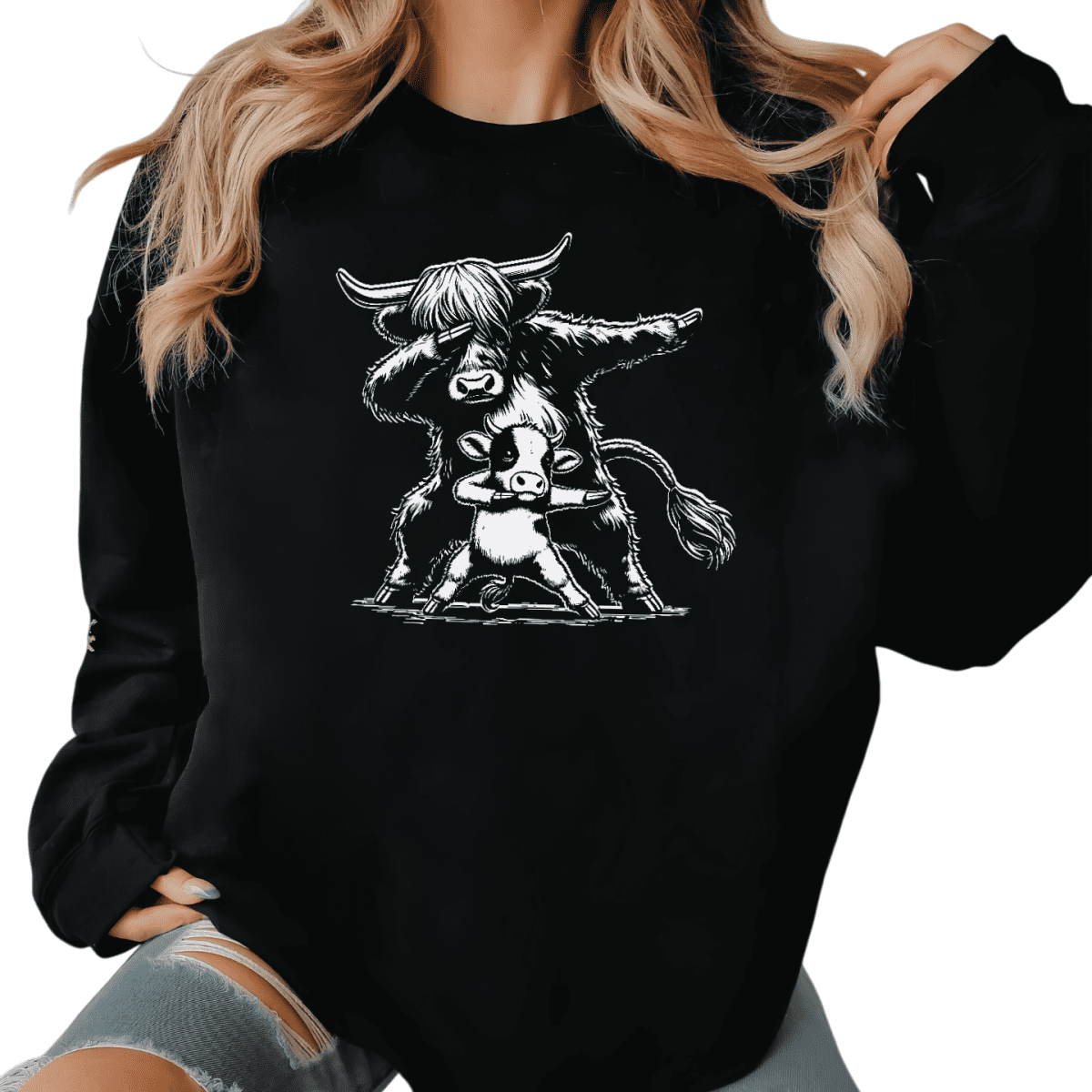 Black Print Sweatshirt Graphic Sweatshirt Highland Cow & Baby Cow ...