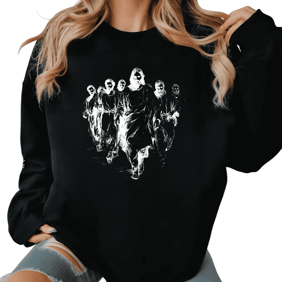 Black Print Sweatshirt Graphic Sweatshirt with Jesus and Disciples ...