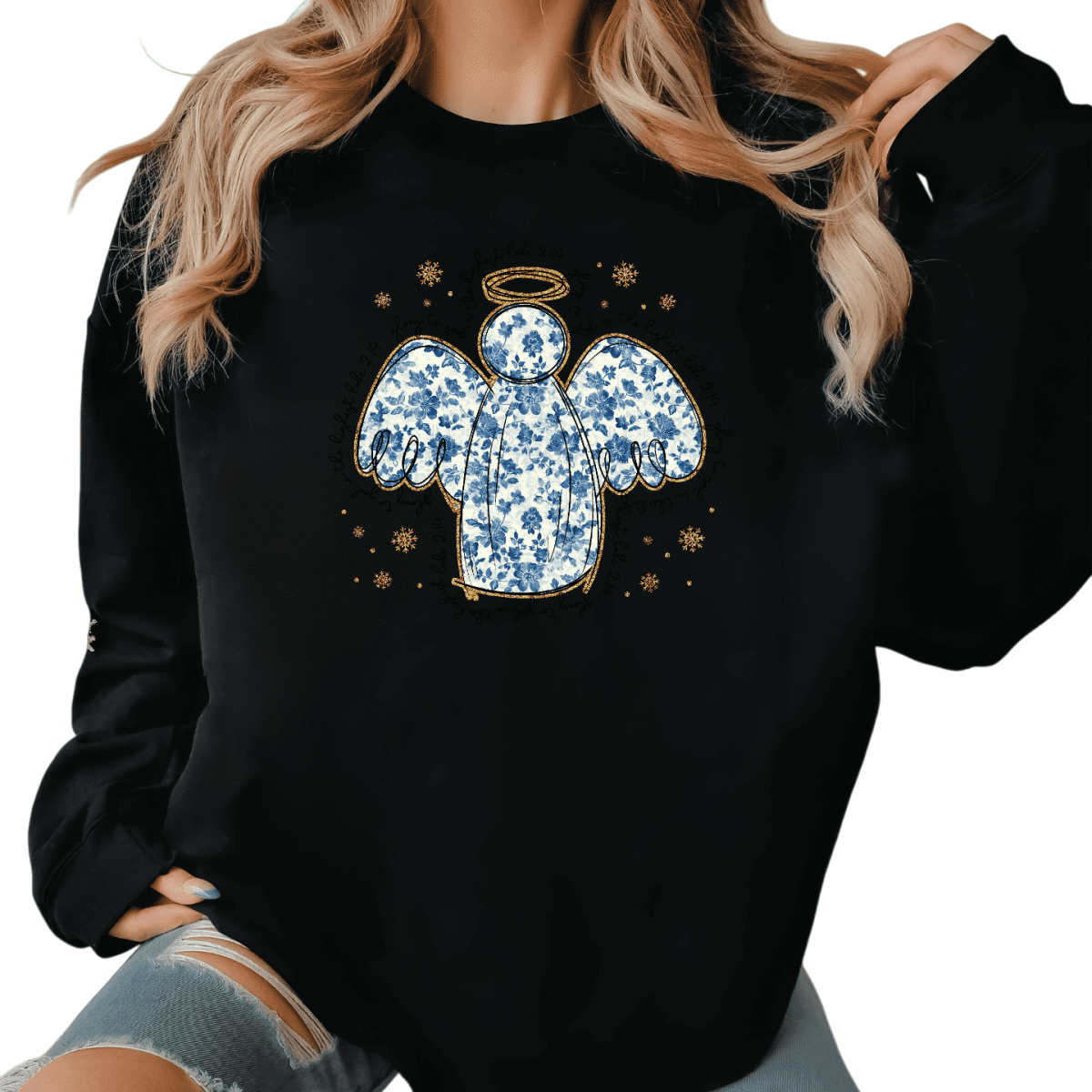Black Print Sweatshirt Graphic Sweatshirt Loose Angel Pattern Cozy ...