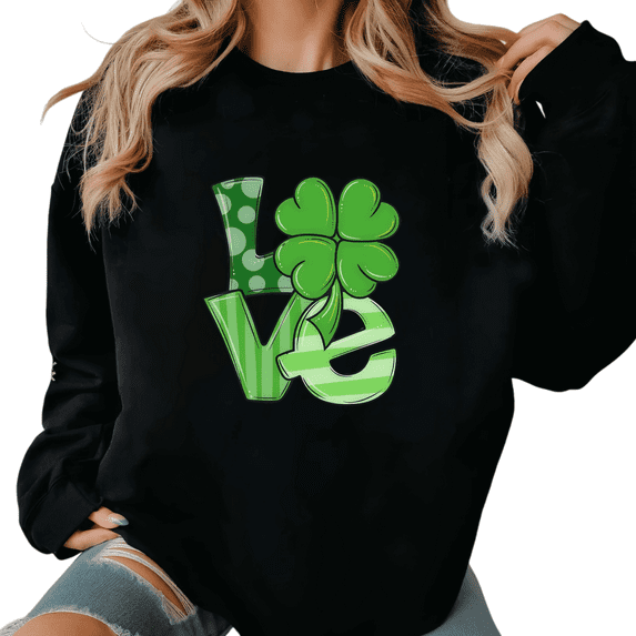 Black Print Sweatshirt Graphic Sweatshirt Love Letter Shamrock Design ...