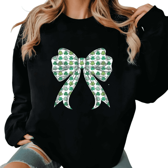 Black Print Sweatshirt Graphic Sweatshirt Shamrock Pattern Bow Design ...