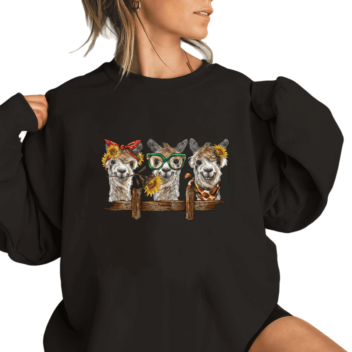 Black Print Sweatshirt Graphic Sweatshirt Shirts with Decorated Alpaca ...