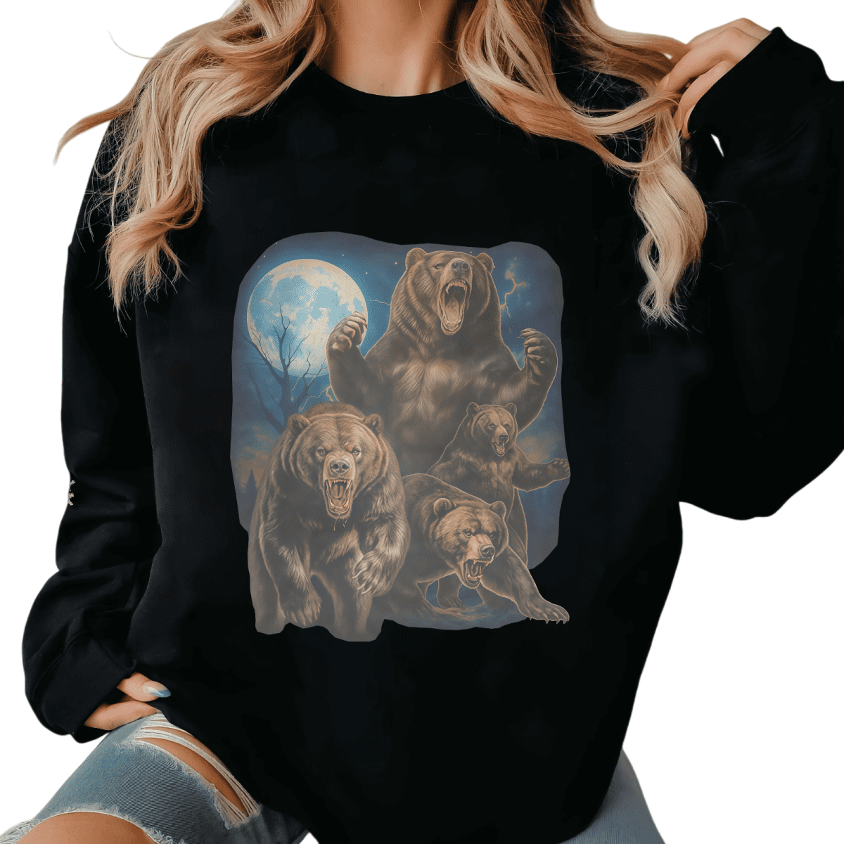 Black Print Sweatshirt Graphic Sweatshirt Shirts with Roaring Bear ...