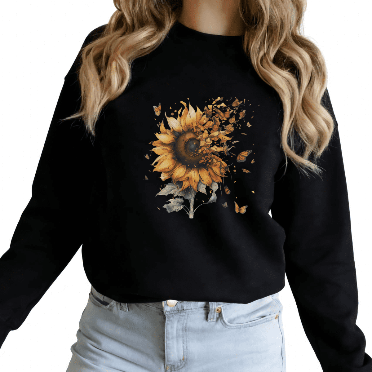 Black Print Sweatshirt Graphic Sweatshirt Splatter Sunflower Novelty ...