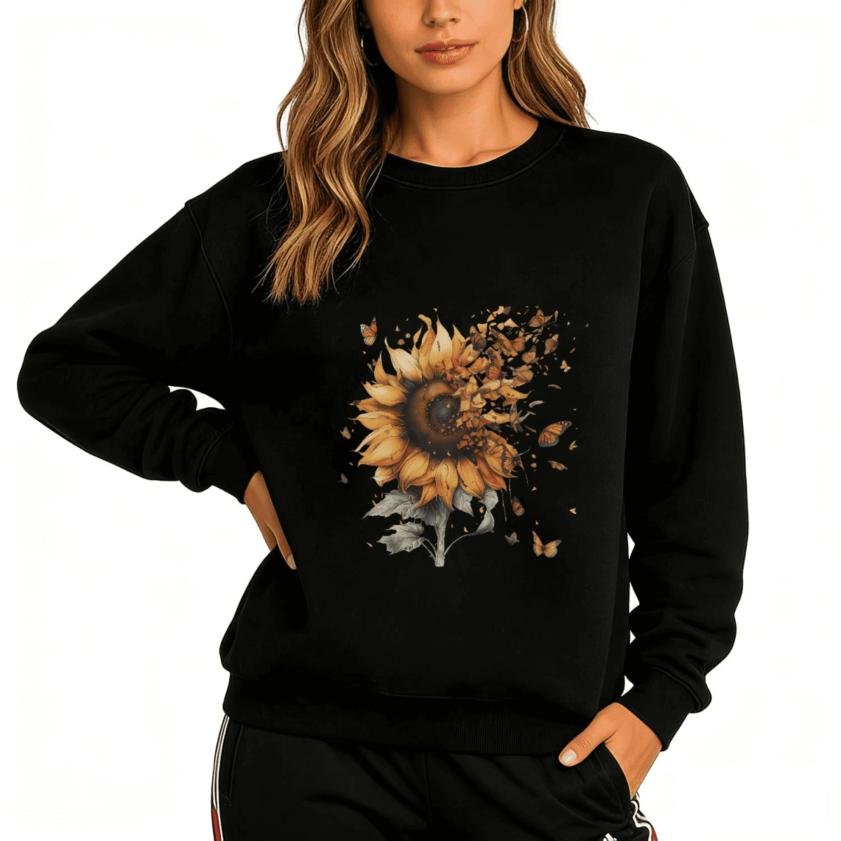 Black Print Sweatshirt Graphic Sweatshirt Sunflower Exploding Gen Z ...