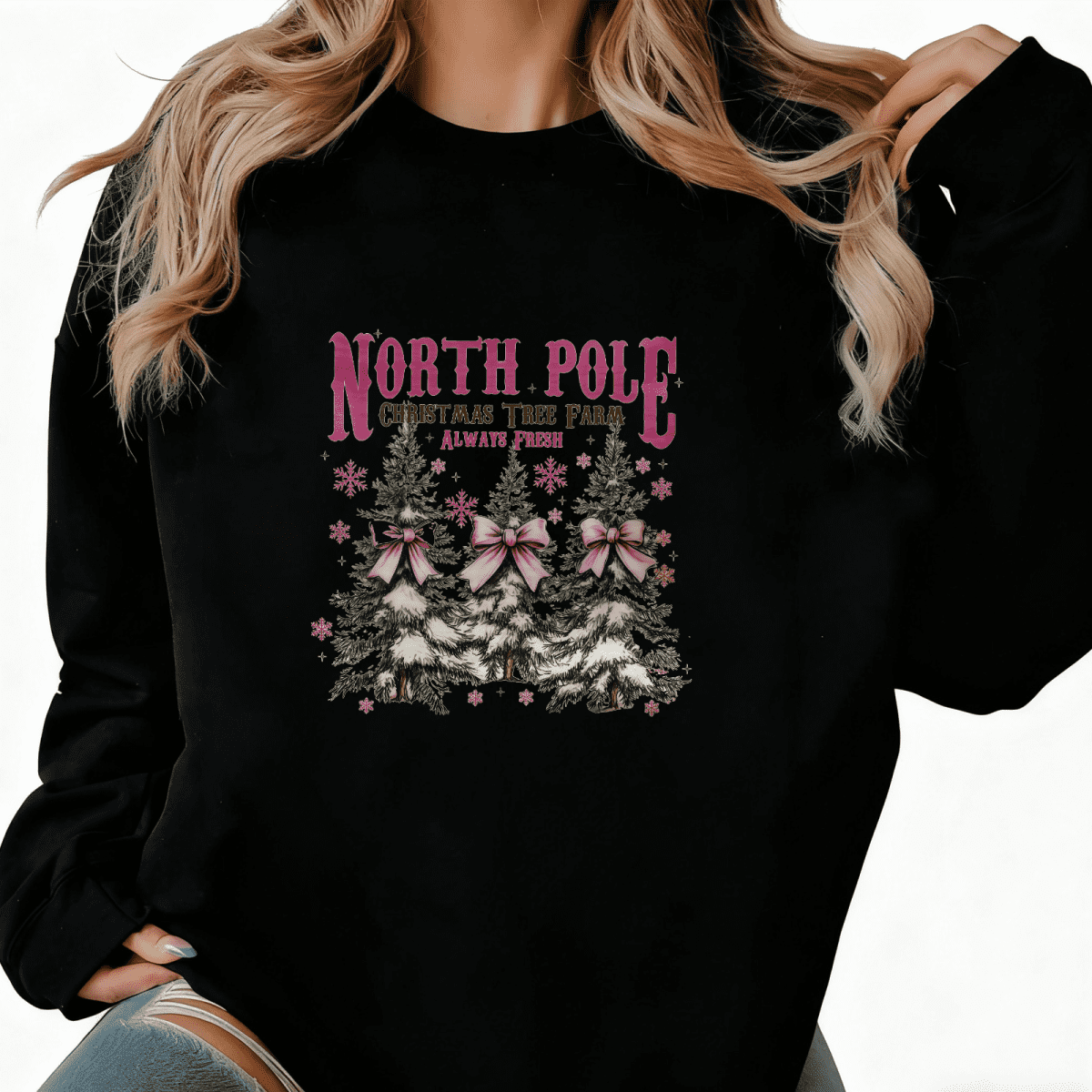 Black Print Sweatshirt Retro North Pole Christmas Tree Farm Graphic ...