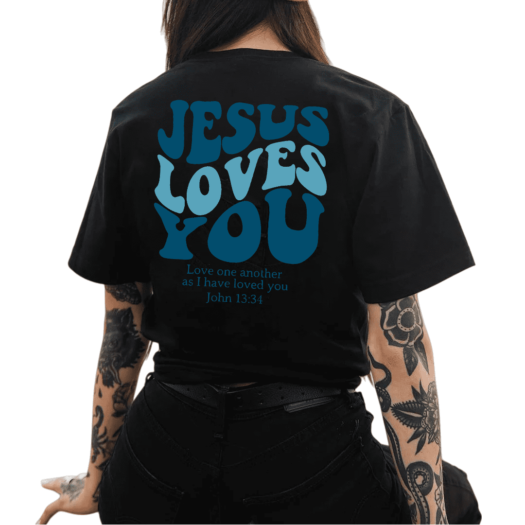 Black Print Tshirt Cotton Graphic Tees Shirts Blue Gradient JESUS LOVES ...
