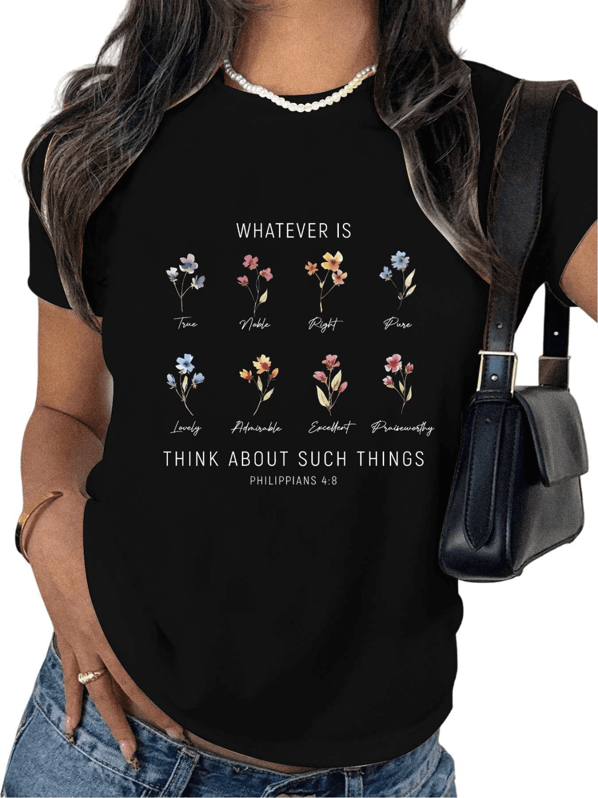 Black Print Tshirt Graphic Tees Shirts Bright Watercolor Flower ...