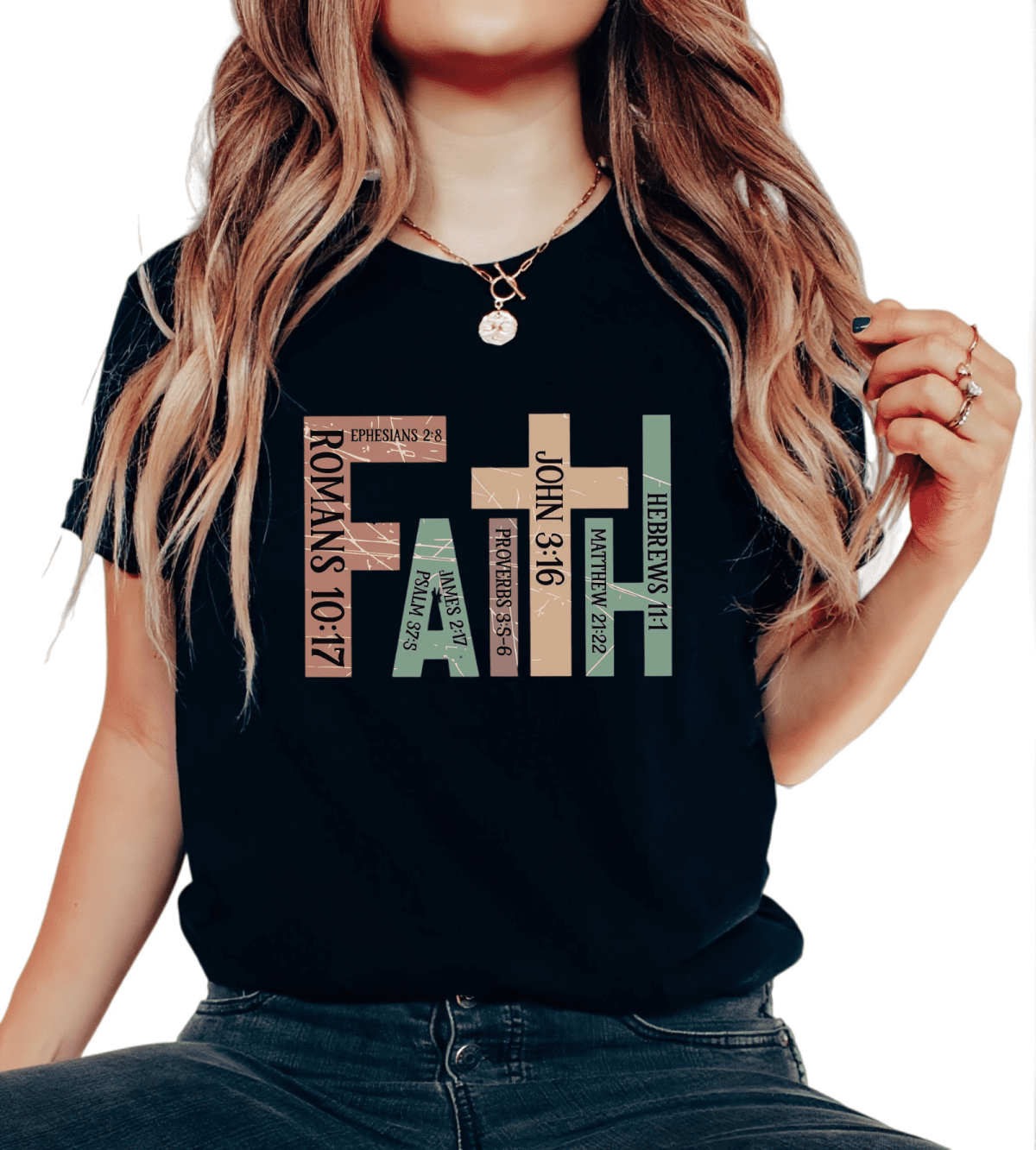 Black Print Tshirt Cotton Graphic Tees Shirts Color Block Faith Bible ...
