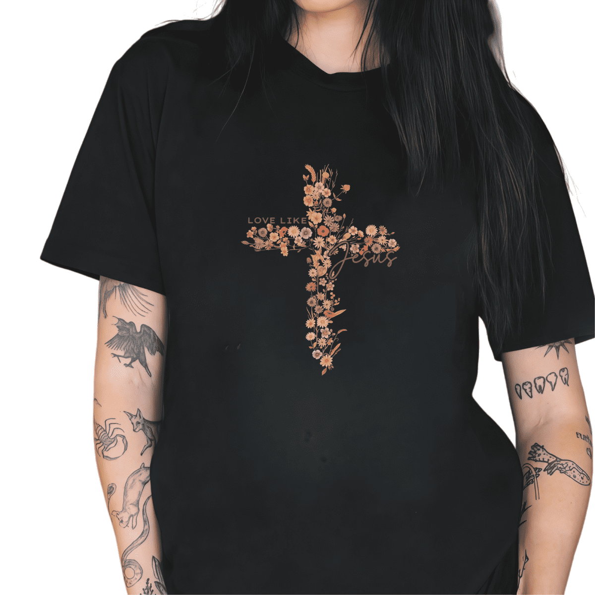 Black Print Tshirt Cotton Graphic Tees Shirts Floral Cross LOVE LIKE ...