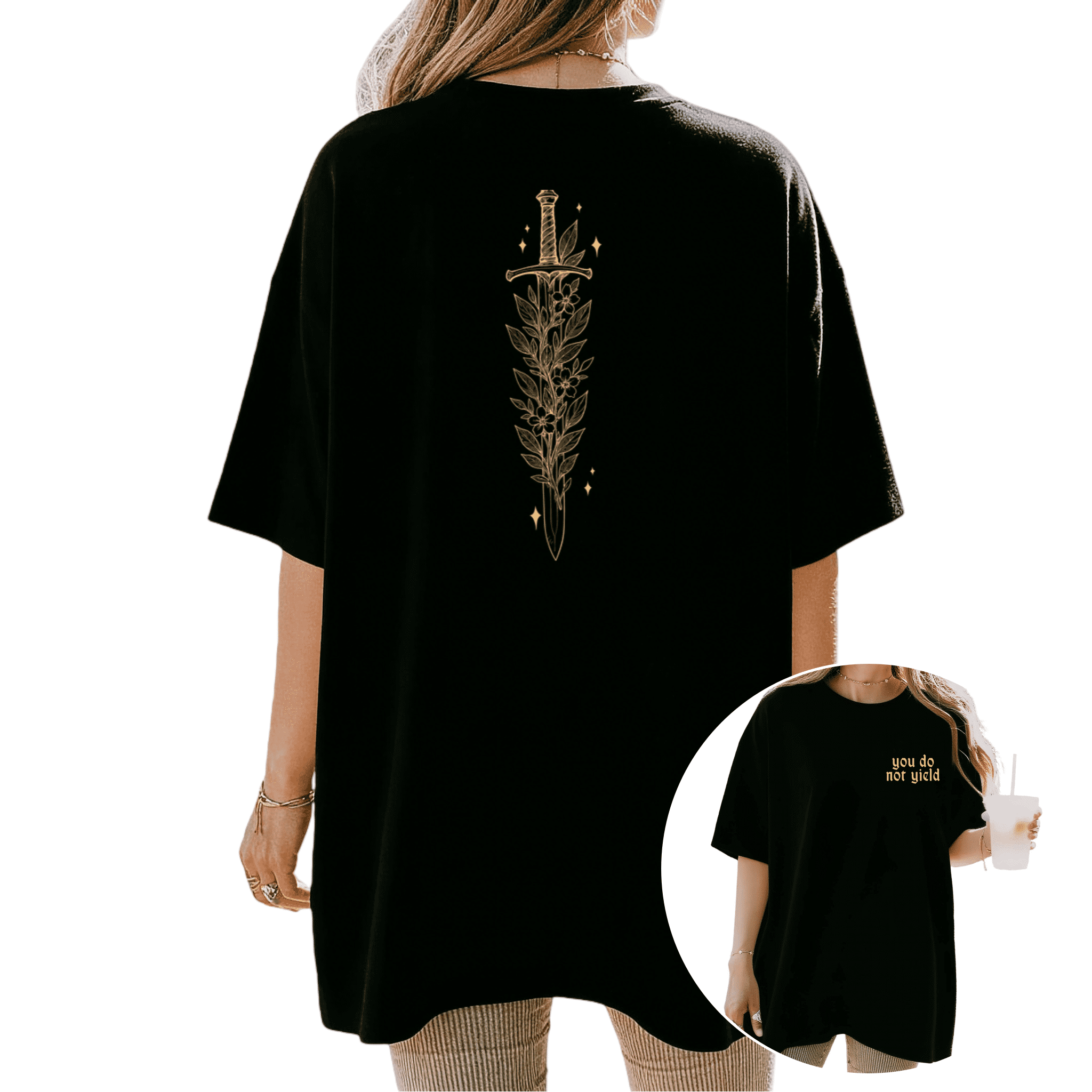 Black Print Tshirt Dark Academia Sword Floral Graphic Tees Shirts ...