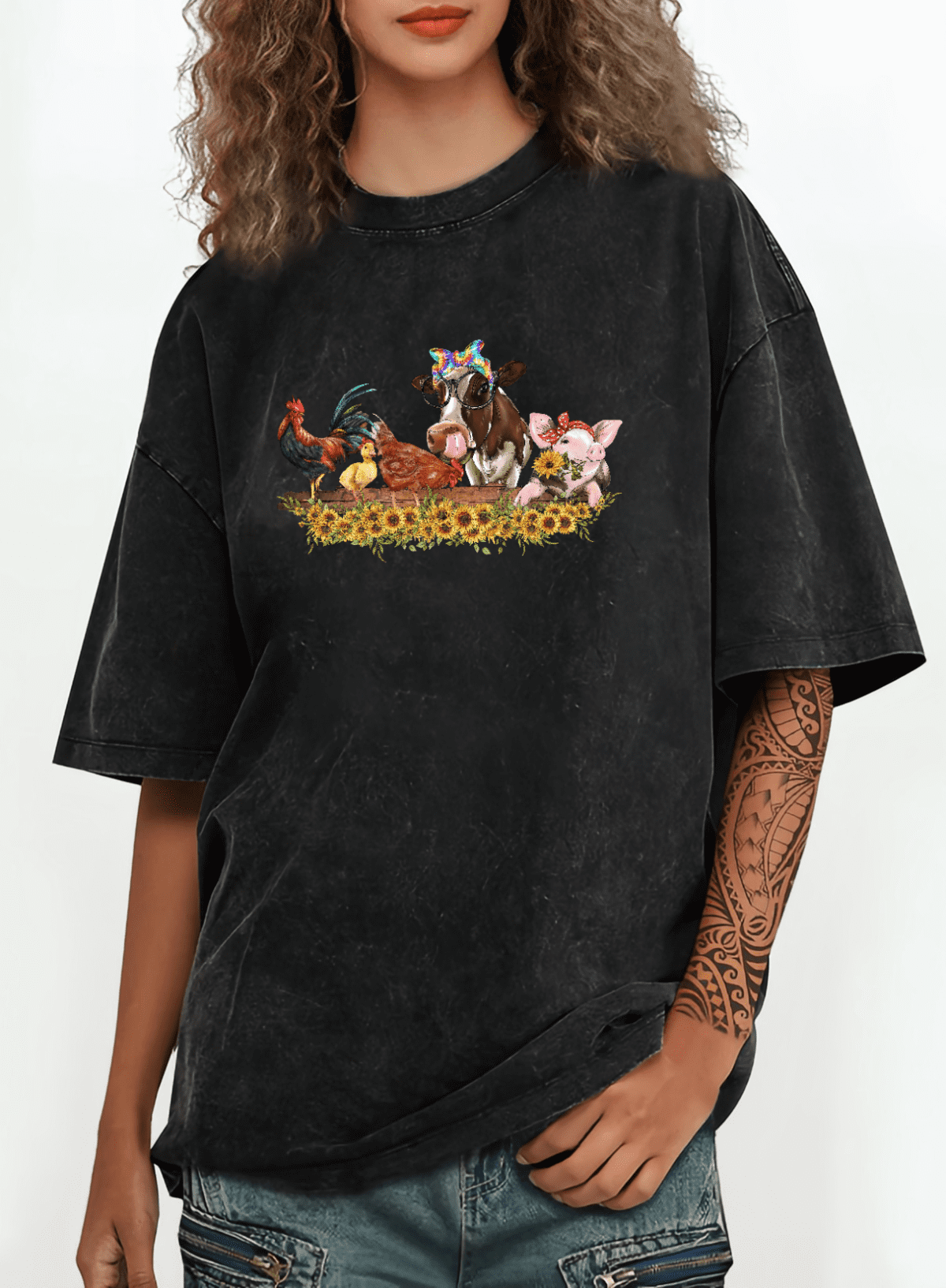 Black Print Tshirt Farm Animal Sunflower Graphic Tees Casual Shirts for ...