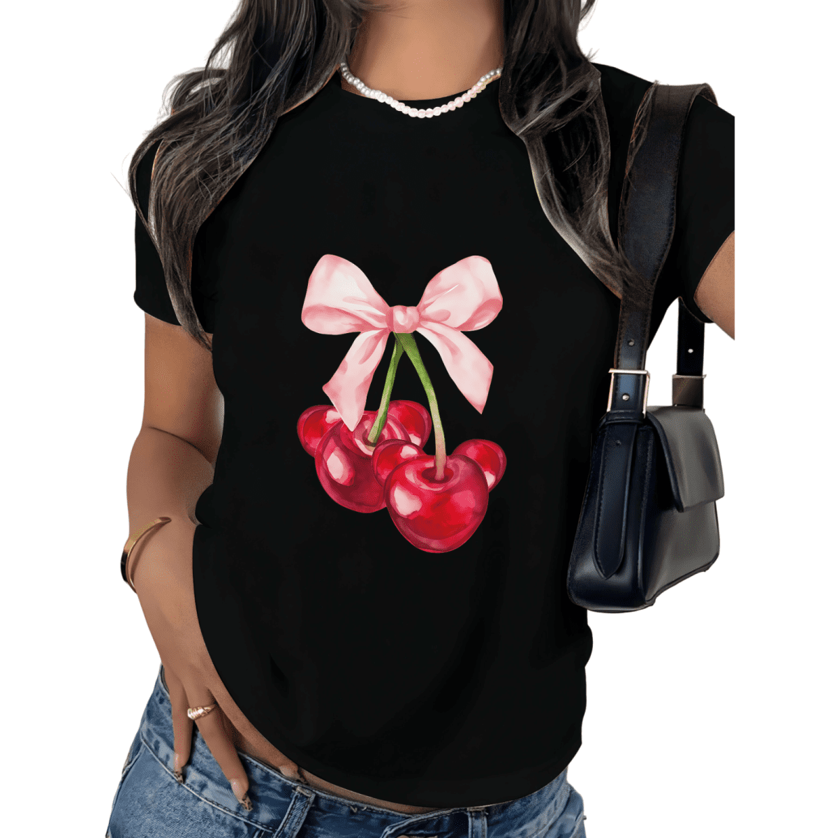 Black Print Tshirt Graphic Tees Cherry Heart Bow Coquette Coquette ...