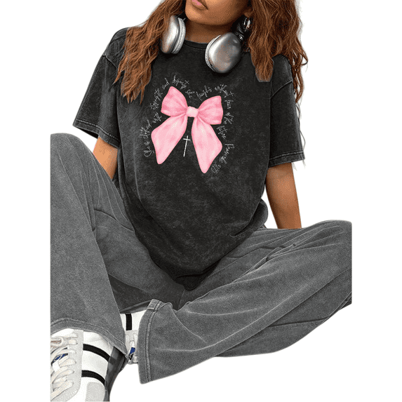 Black Print Tshirt Graphic Tees Cotton Shirts Cozy Pink Bow Cross ...