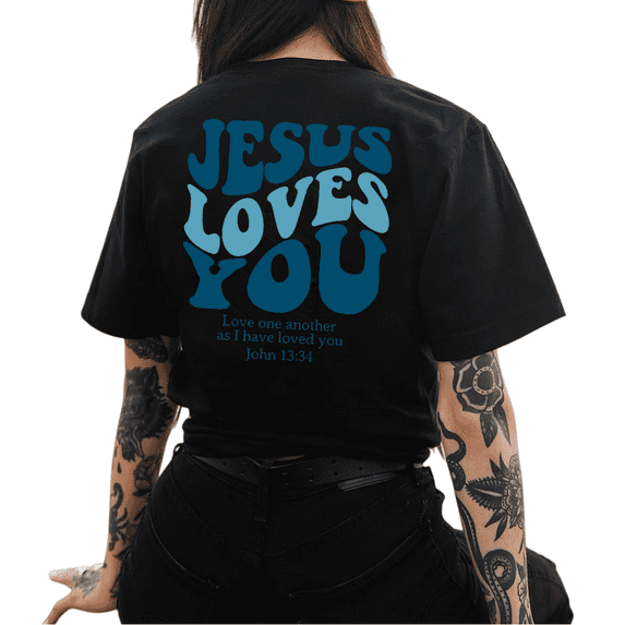 Black Print Tshirt Graphic Tees Loose Shirts Blue Gradient JESUS LOVES ...