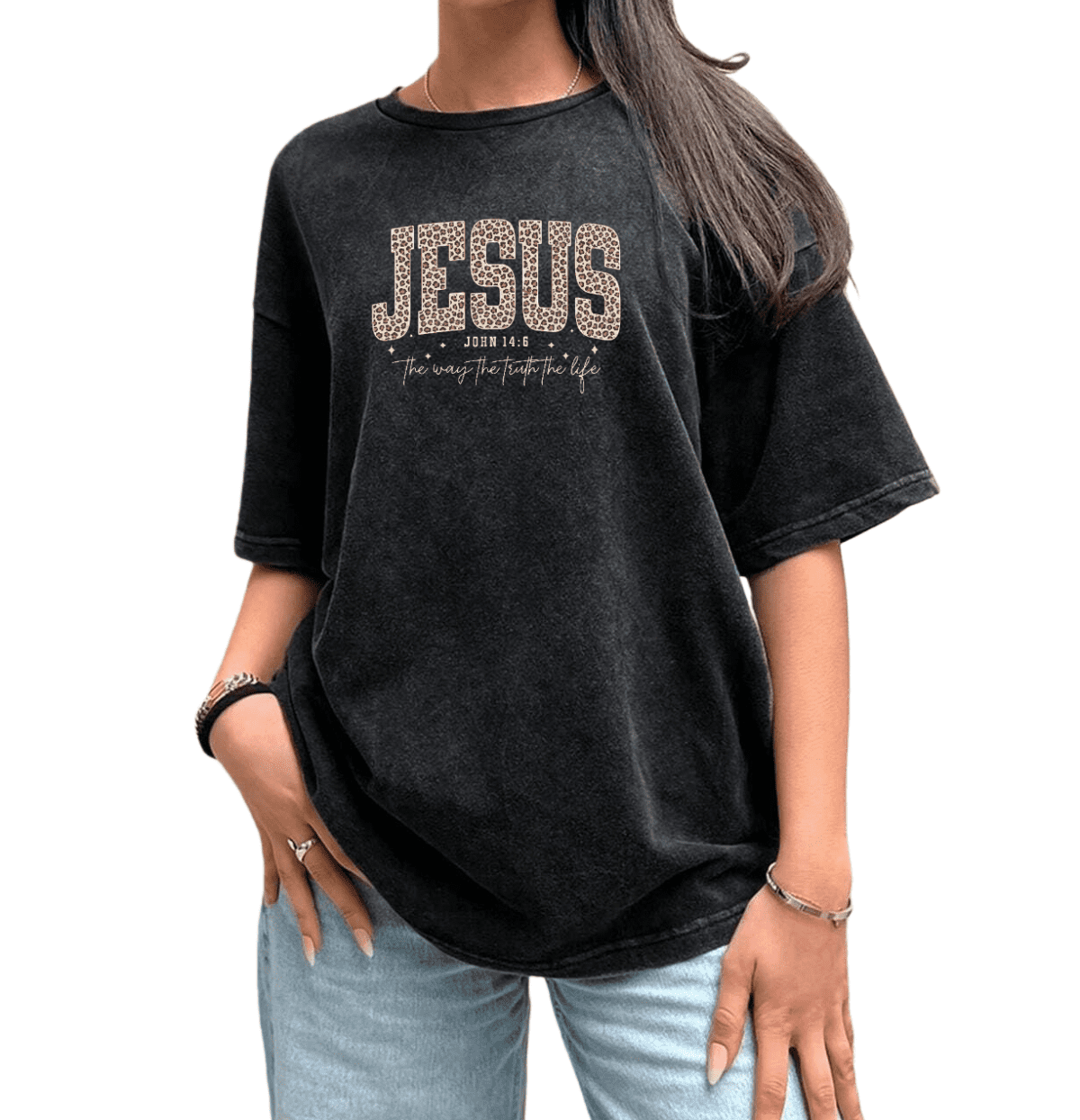 Black Print Tshirt Graphic Tees Loose Shirts Chic Leopard JESUS John 14 ...
