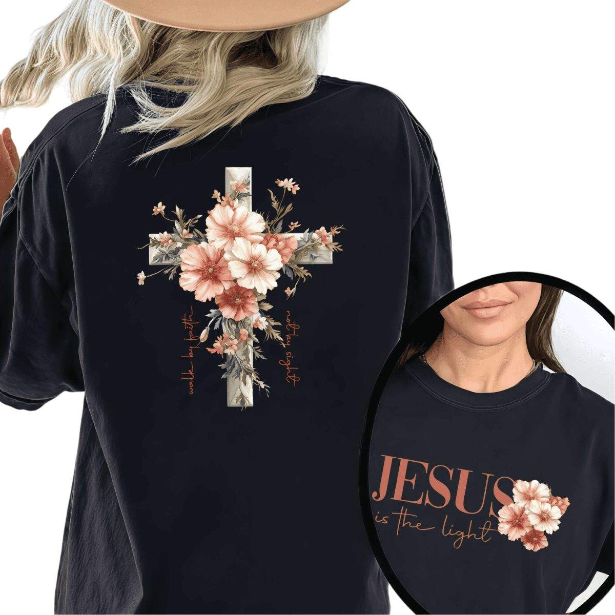 Black Print Tshirt Graphic Tees Loose Shirts Floral Cross JESUS is the ...