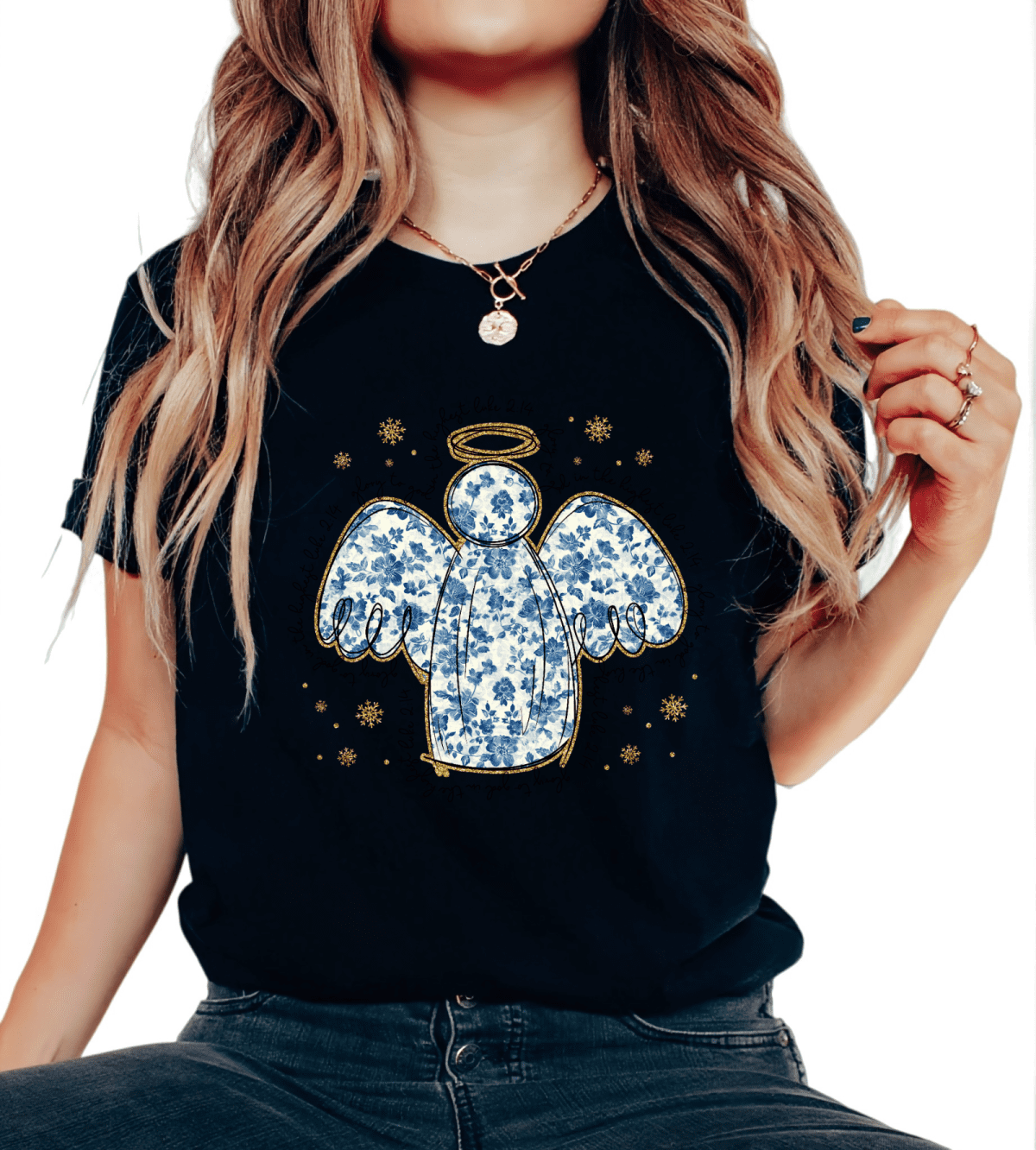 Black Print Tshirt Graphic Tees Loose Shirts S-5XL Angel Blue Floral ...
