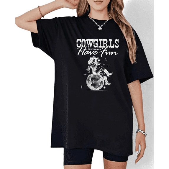 Black Print Tshirt Graphic Tees Loose Shirts S-5XL COWGIRLS Just Wanna ...