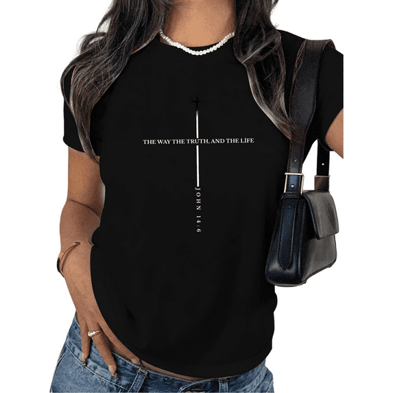 Black Print Tshirt Graphic Tees Loose Shirts Sleek White Cross THE WAY ...