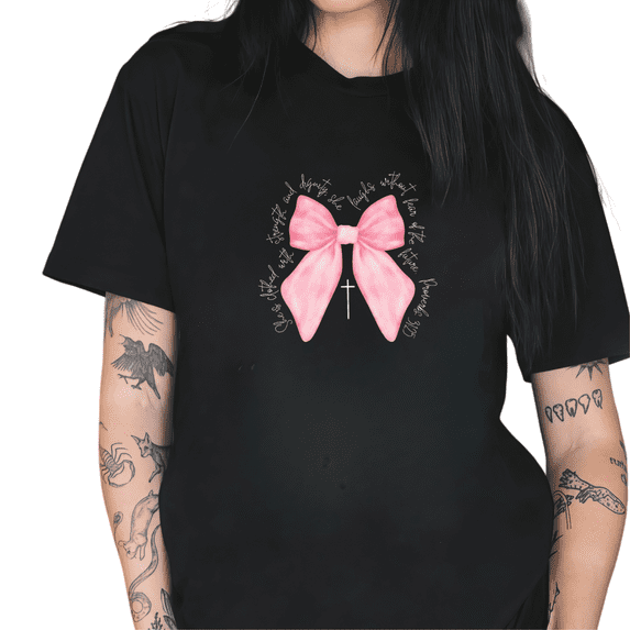 Black Print Tshirt Graphic Tees Loose Shirts Soft Pink Bow Cross ...