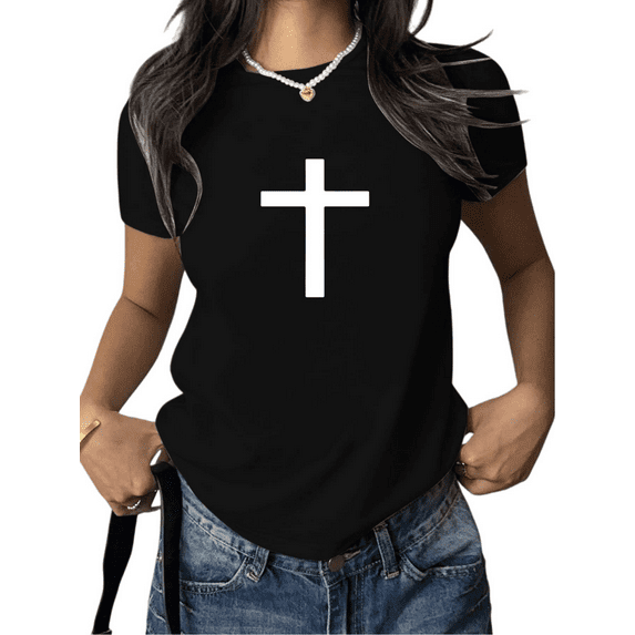 Black Print Tshirt Graphic Tees Loose Shirts Streamlined White Cross ...