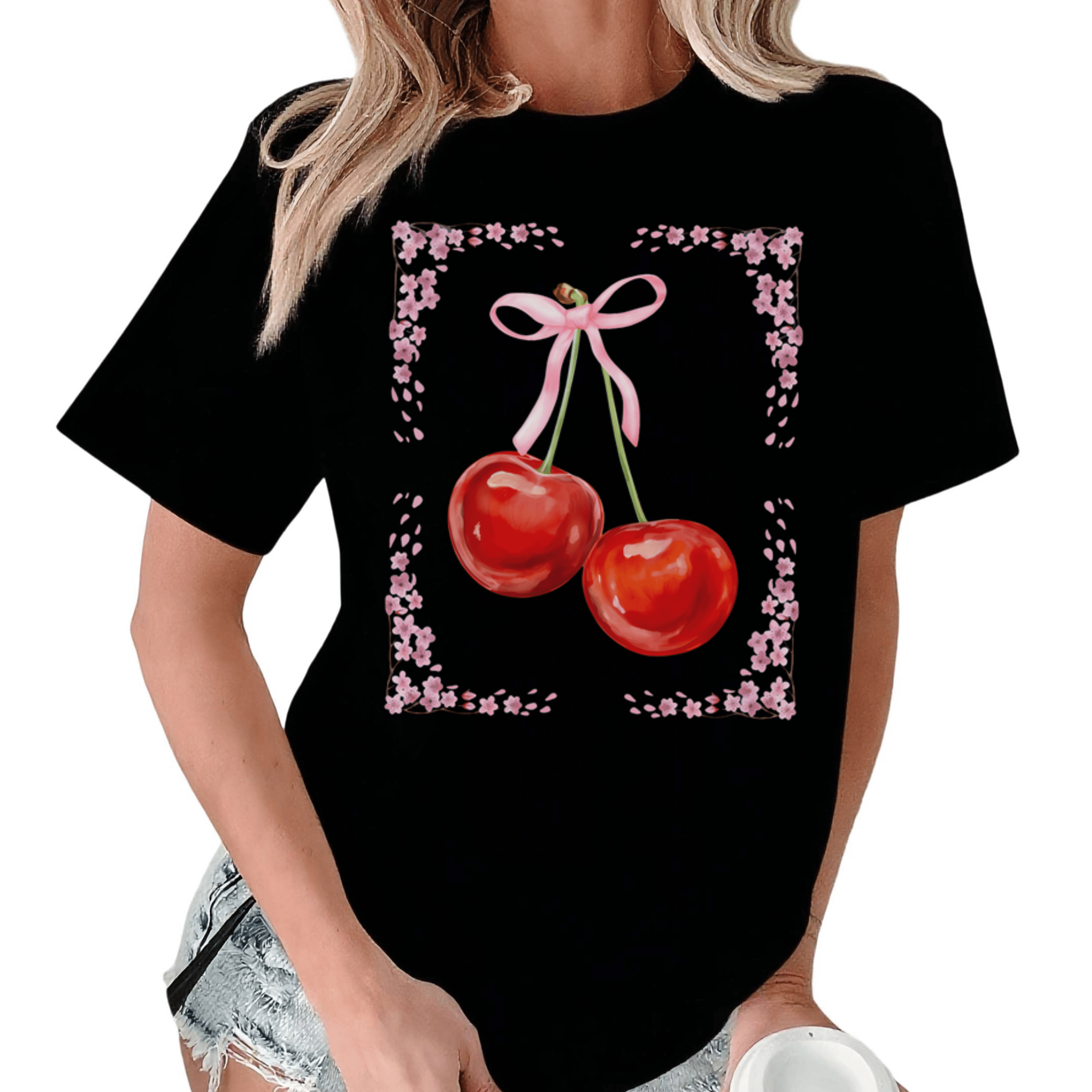 Black Print Tshirt Graphic Tees Pink Bow Cherry Floral Design Tshirt S ...