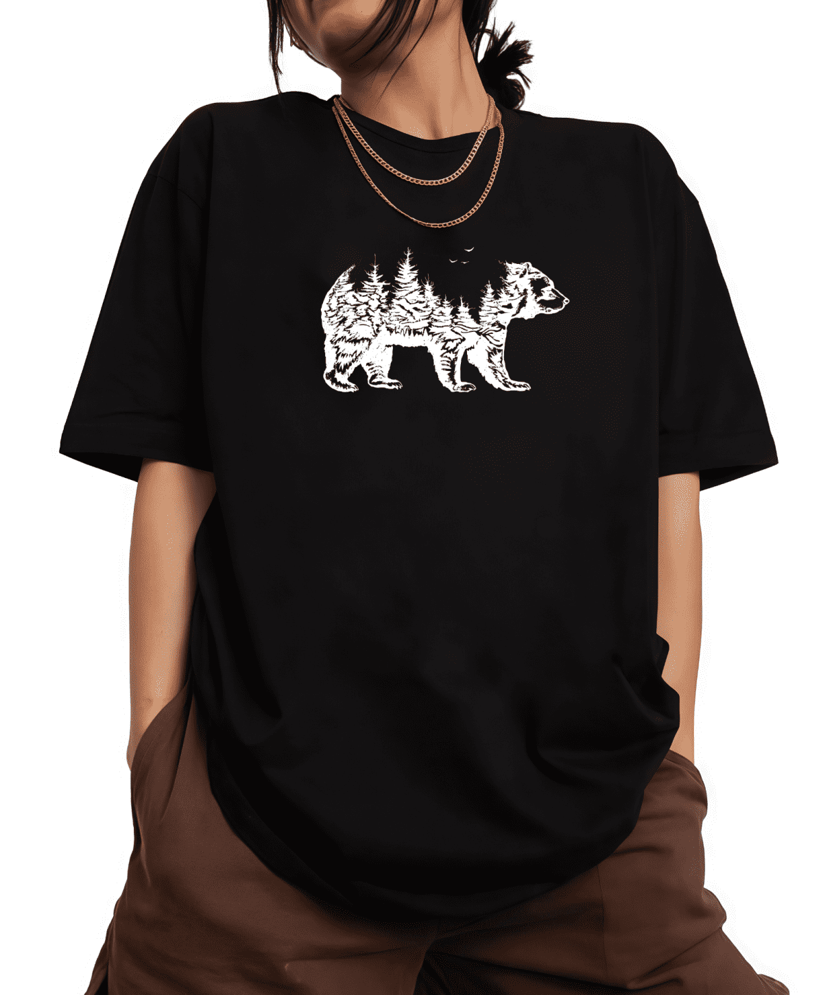 Black Print Tshirt Graphic Tees Shirts Bear Forest Silhouette Design ...