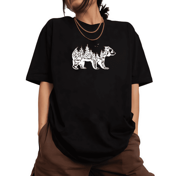 Black Print Tshirt Graphic Tees Shirts Bear Forest Silhouette Design ...