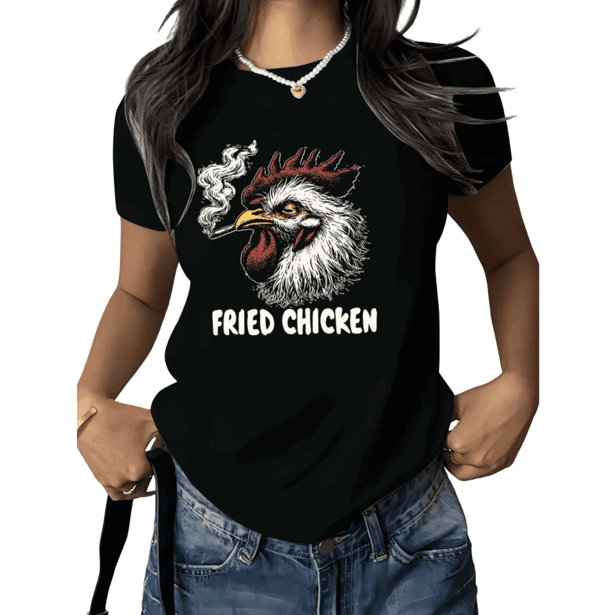 Black Print Tshirt Graphic Tees Shirts Fried Chicken Funny Rooster S ...