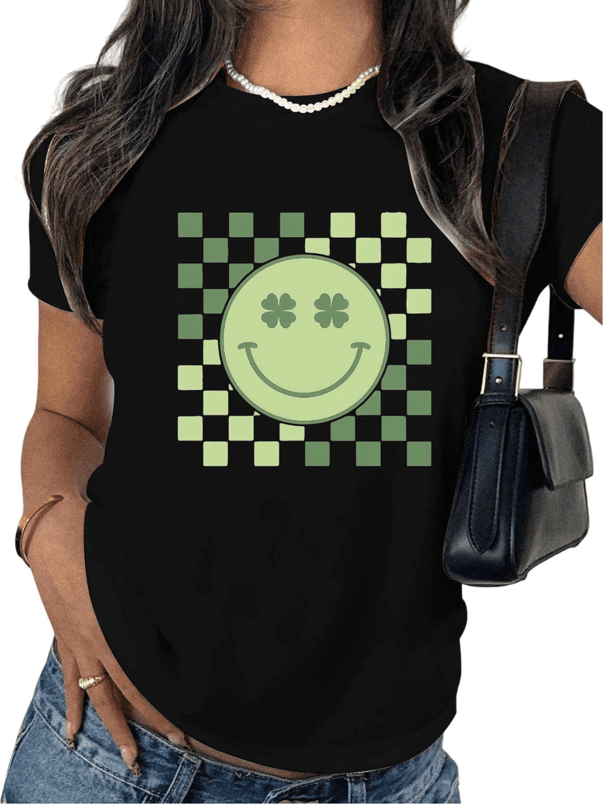 Black Print Tshirt Graphic Tees Shirts with Green Checkered Pattern ...