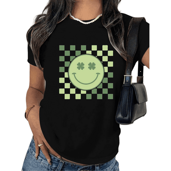 Black Print Tshirt Graphic Tees Shirts with Green Checkered Pattern ...