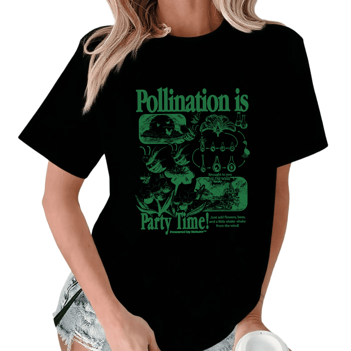 Black Print Tshirt Graphic Tees Shirts Green Pollination Party Time Tee ...