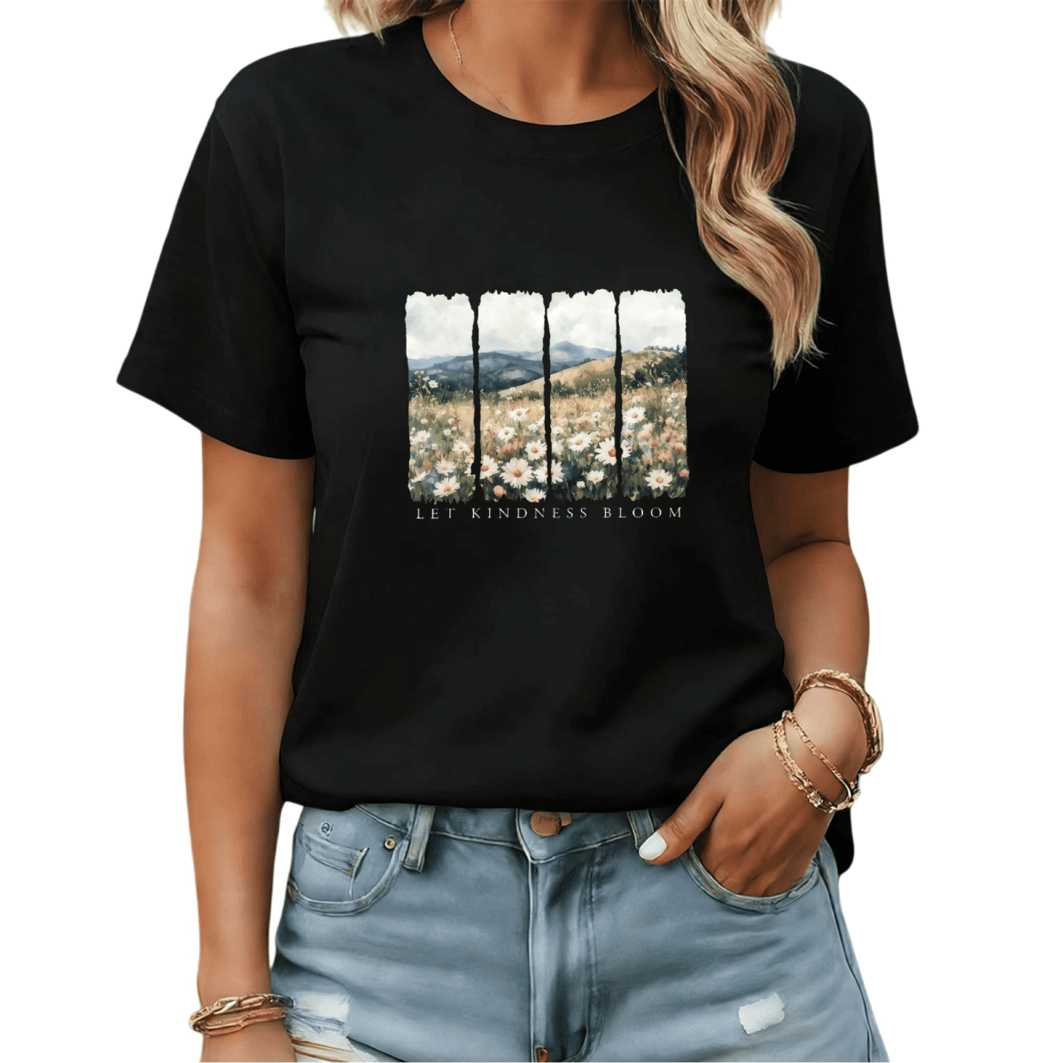 Black Print Tshirt Graphic Tees Shirts Let Kindness Bloom Floral ...